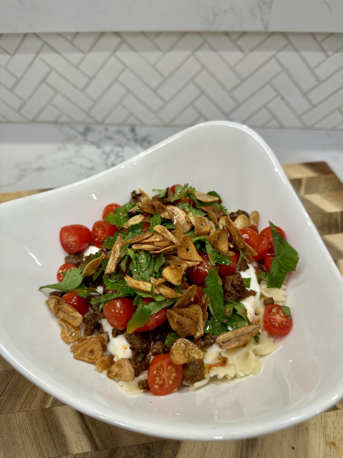 Anna Paul’s Turkish Pasta with Crispy Garlic Chips - TheSpicyJuju